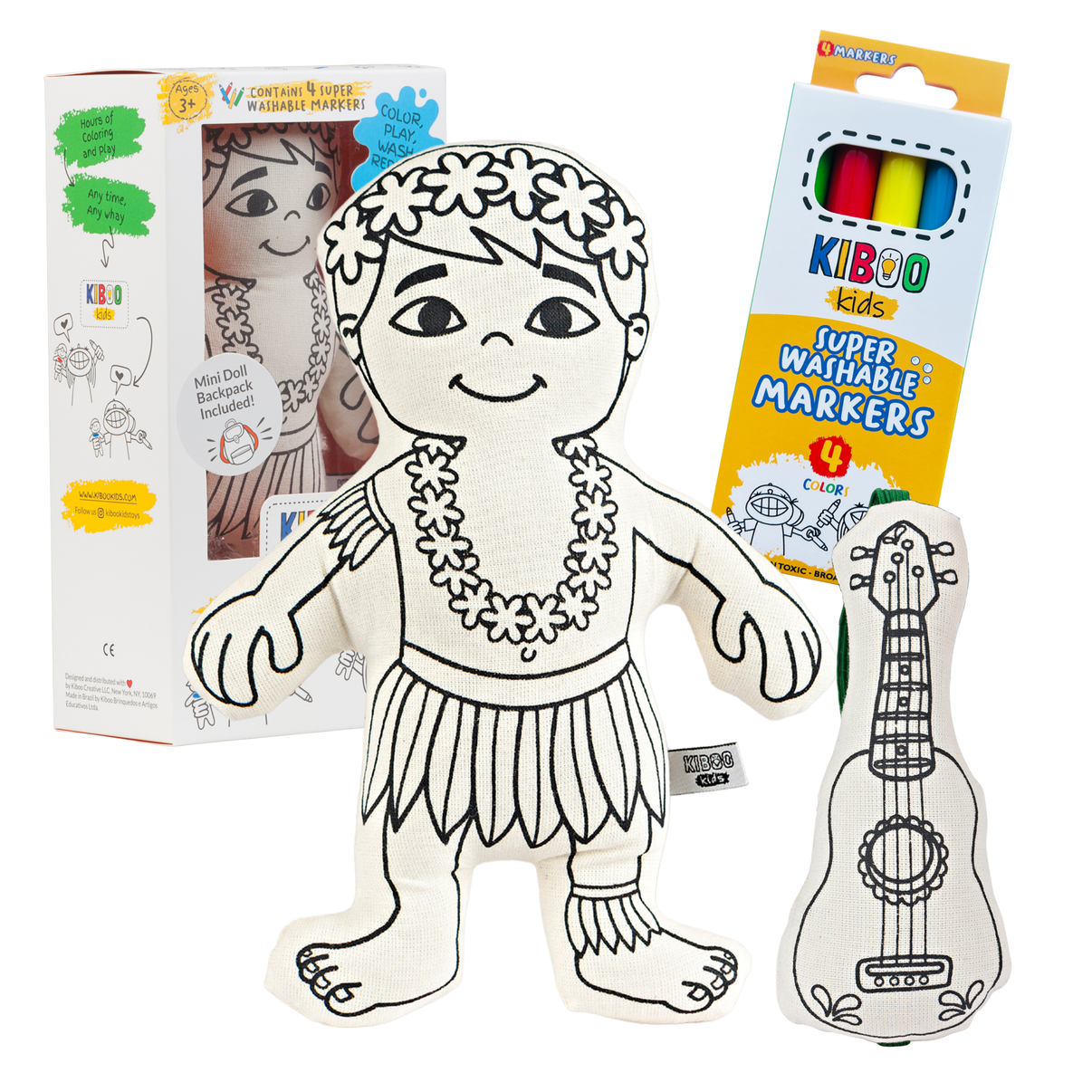 Kiboo Kids: Hula Boy with Mini Ukulele - Colorable and Washable Doll f